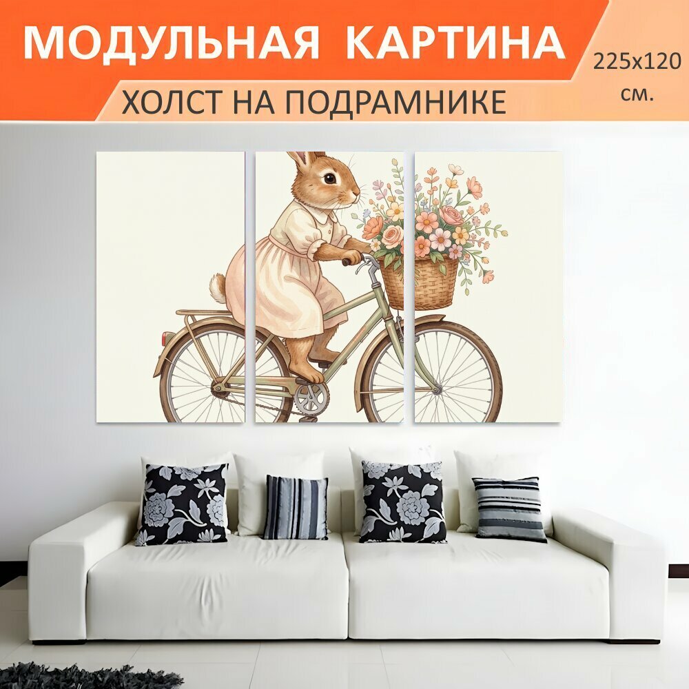 Модульная картина на холсте "Заяц на велосипеде с цветами. Милая акварельная иллюстрация: кролик в светлом платье едет на винтажном." триптих на подрамнике 225х120 см. для интерьера