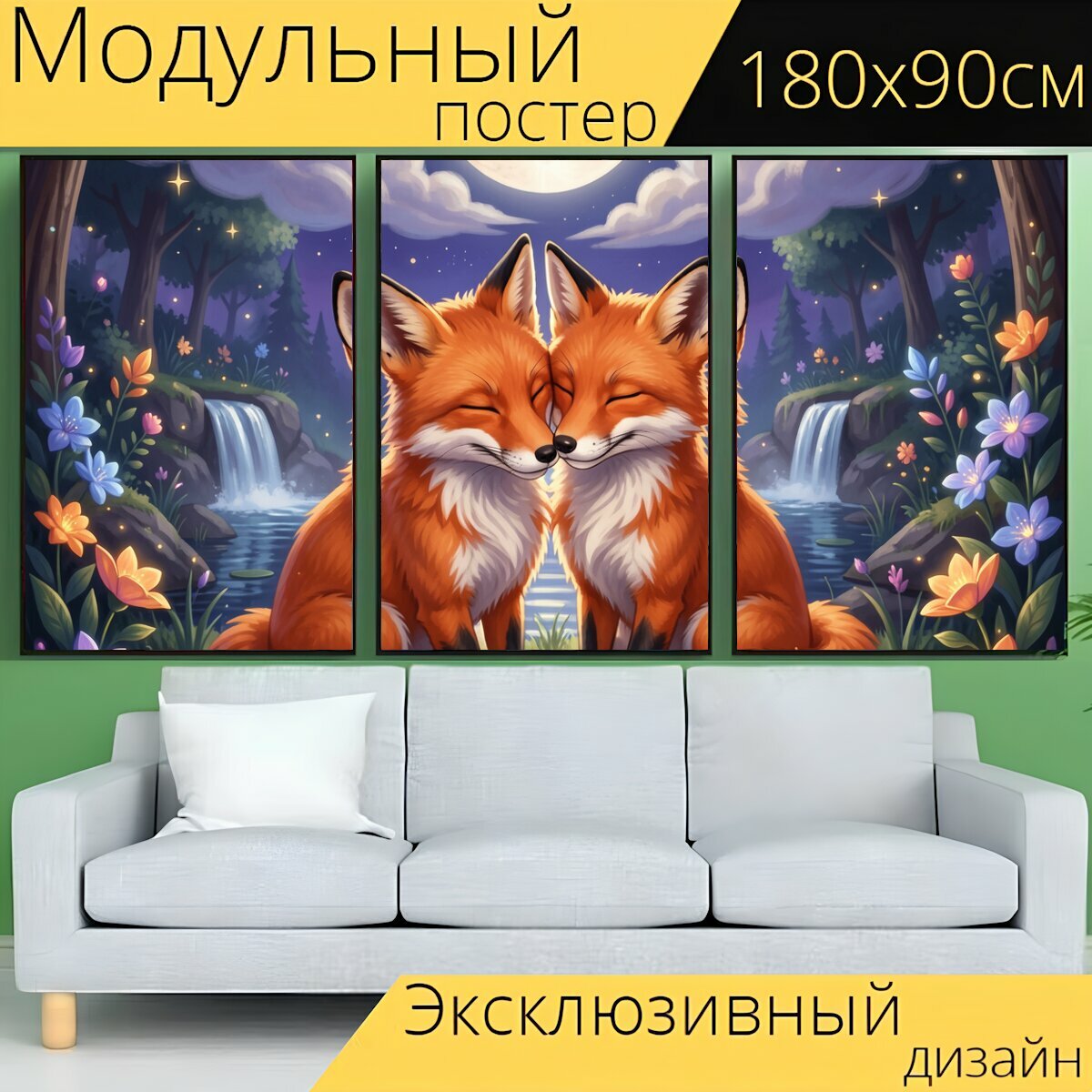 Модульный постер "Лисы у лунного озера. Сказочная ночная сцена с двумя рыжими лисами у воды, окружёнными яркими цветами, водопадами и." 180 x 90 см. для интерьера на стену в тубусе