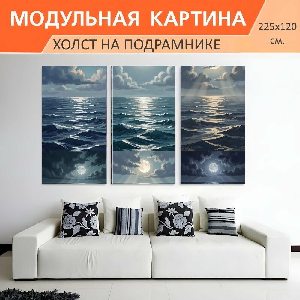 Модульная картина на холсте "Лунное море с облаками. Ночное морское пространство в мягкой живописной манере: серебристый лунный свет." триптих на подрамнике 225х120 см. для интерьера