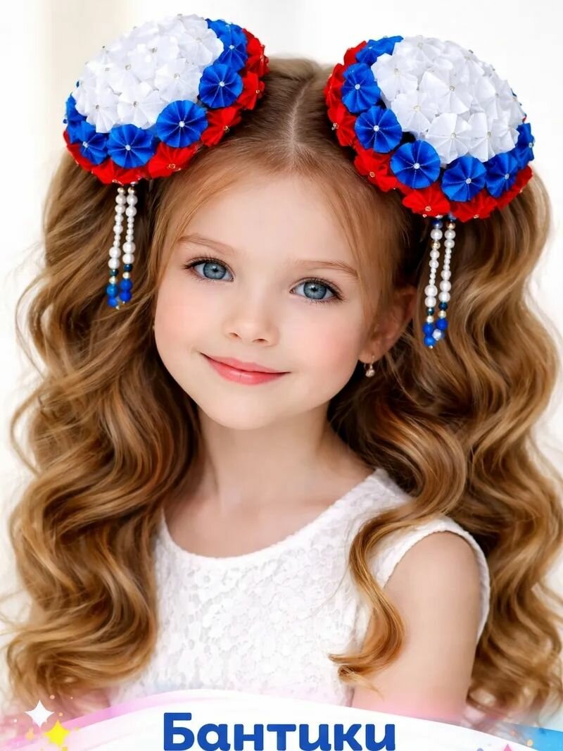 Бантики для девочки на резинке большие белые, банты триколор в школу праздничные