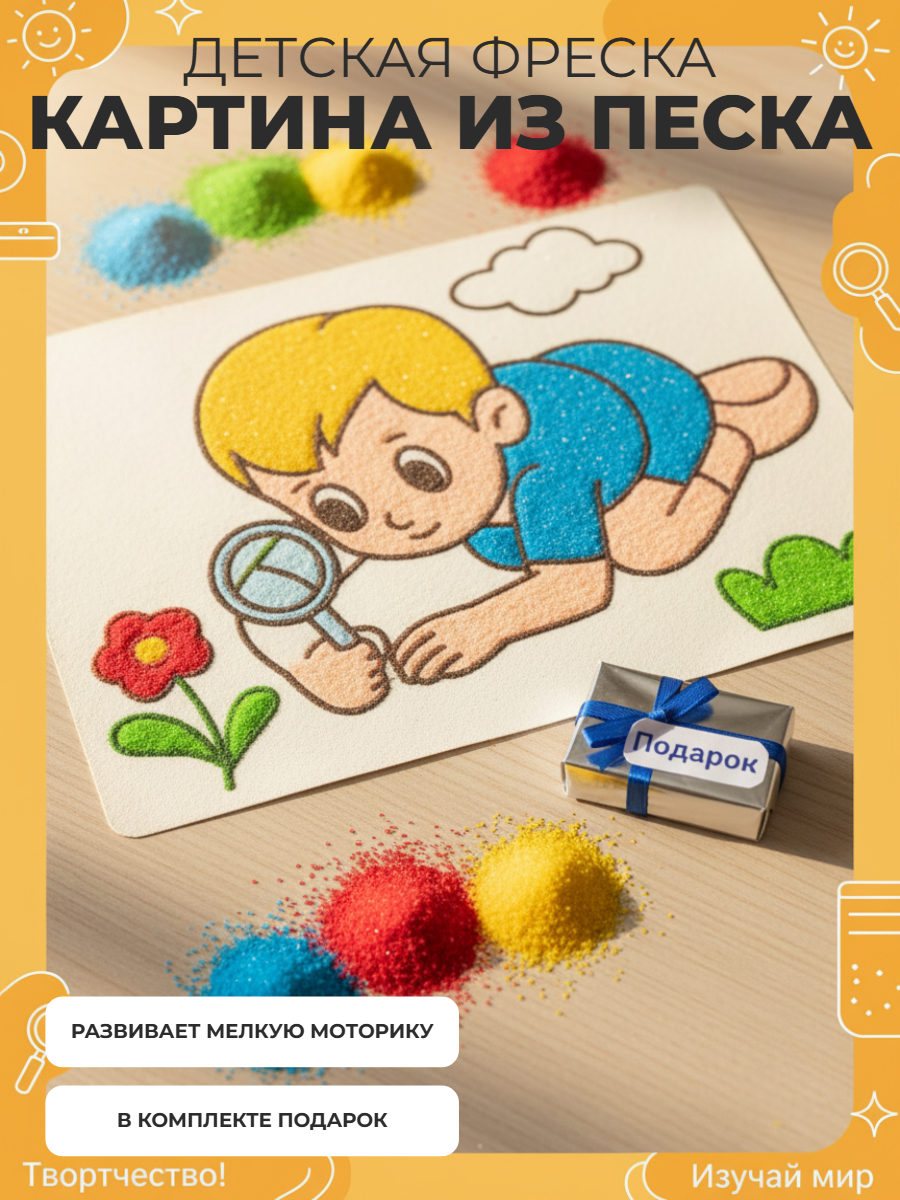 Детская фреска "Картинка из цветного песка", с трафаретом, для детей от 3 лет, + подарок