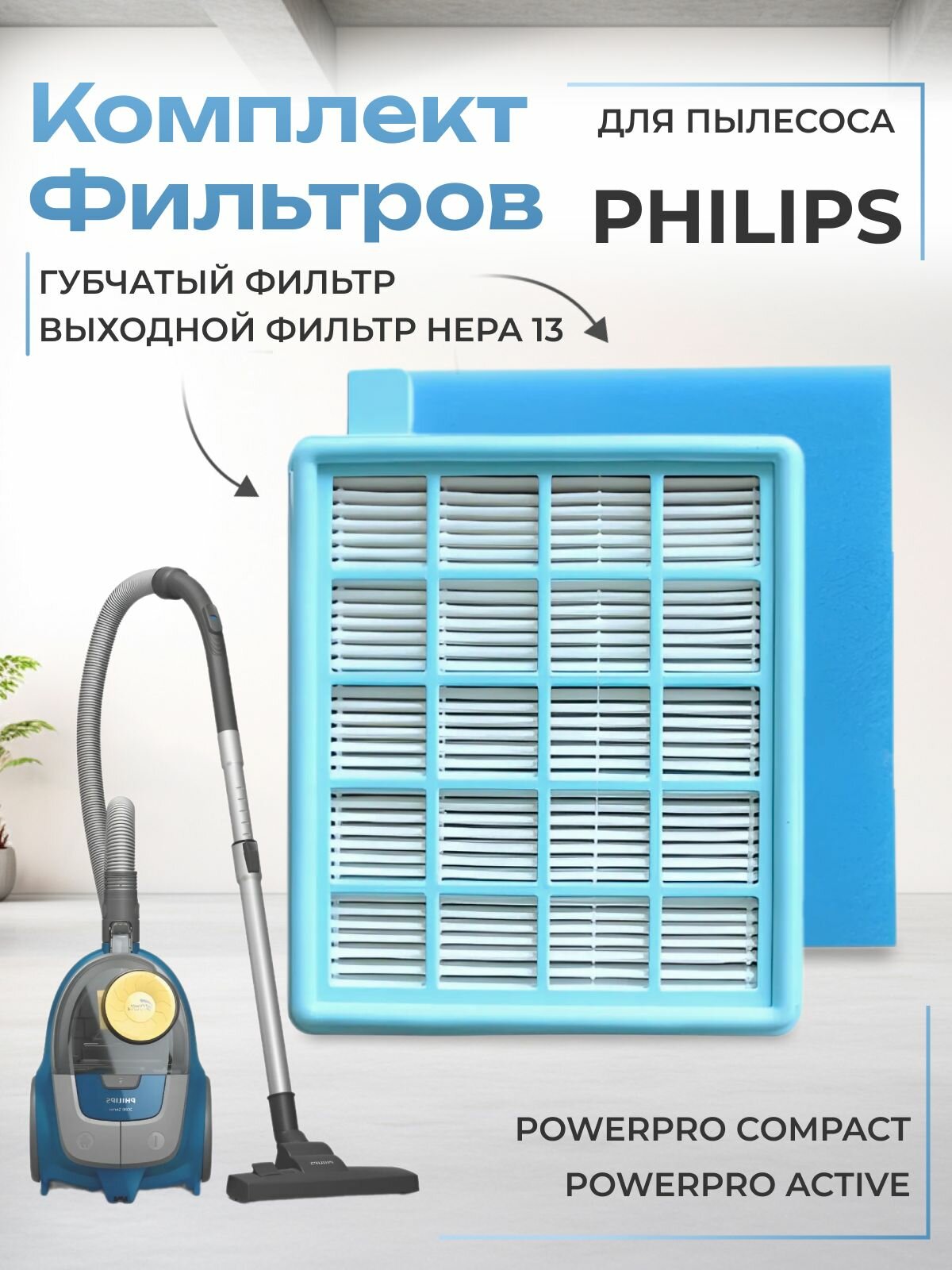 Комплект фильтров для пылесоса Philips PowerPro Compact и Active (Филипс Пауэр Про), набор моторный и хепа фильтр для FC8470, FC8632, FC8515 и тд 2шт