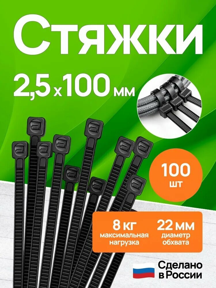 Хомут 2.5мм x 100мм до 22мм, 100 шт, Полиамид