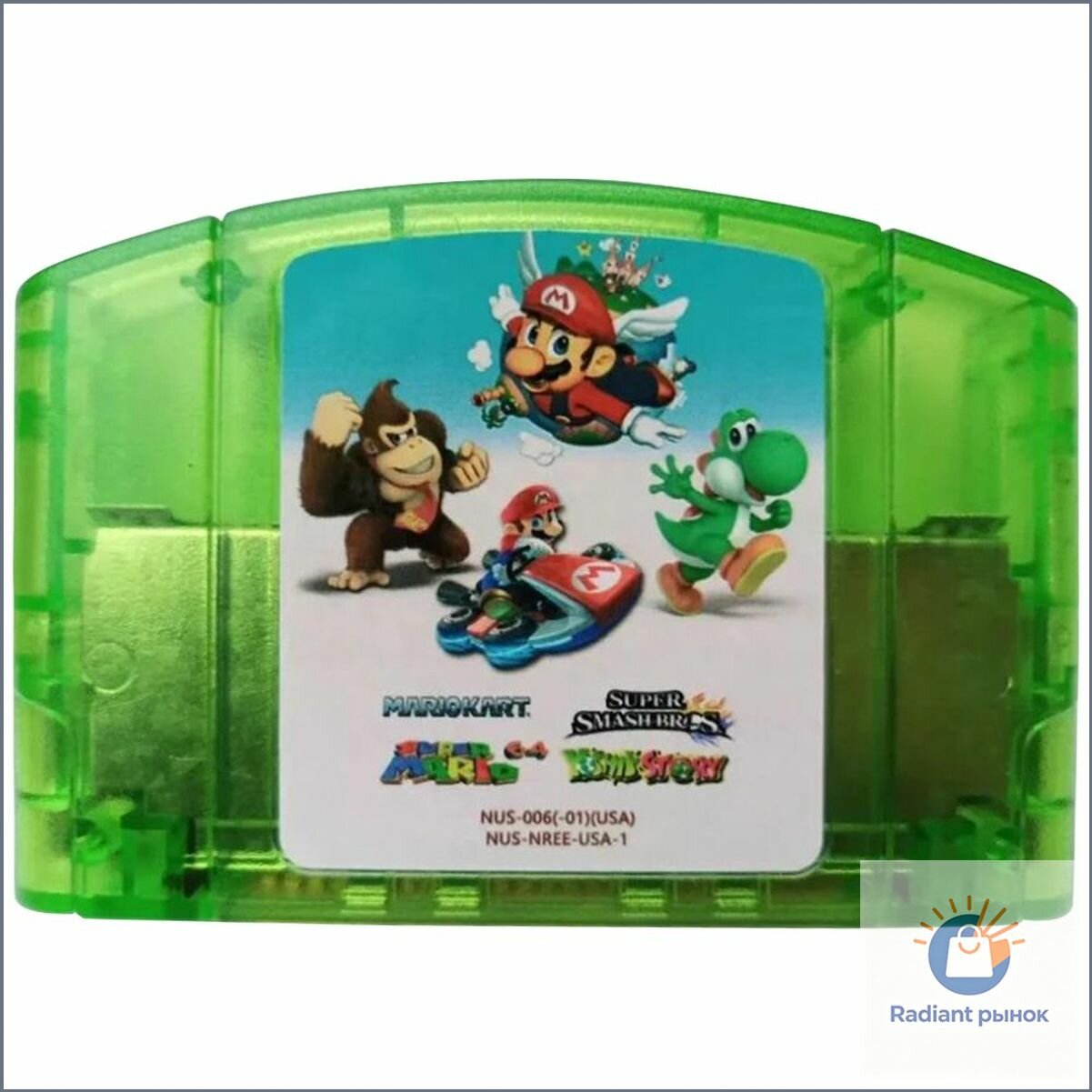 Игровая карта Nintendo 64 с игрой Супер Донки Конг в прозрачном зелёном корпусе
