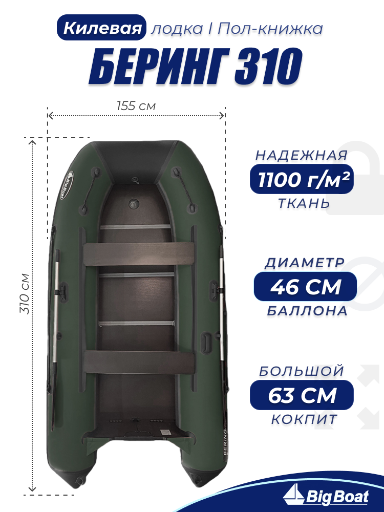 Надувная, под мотор, килевая лодка из ПВХ для рыбалки Bering (Беринг) 310К пол-книжка