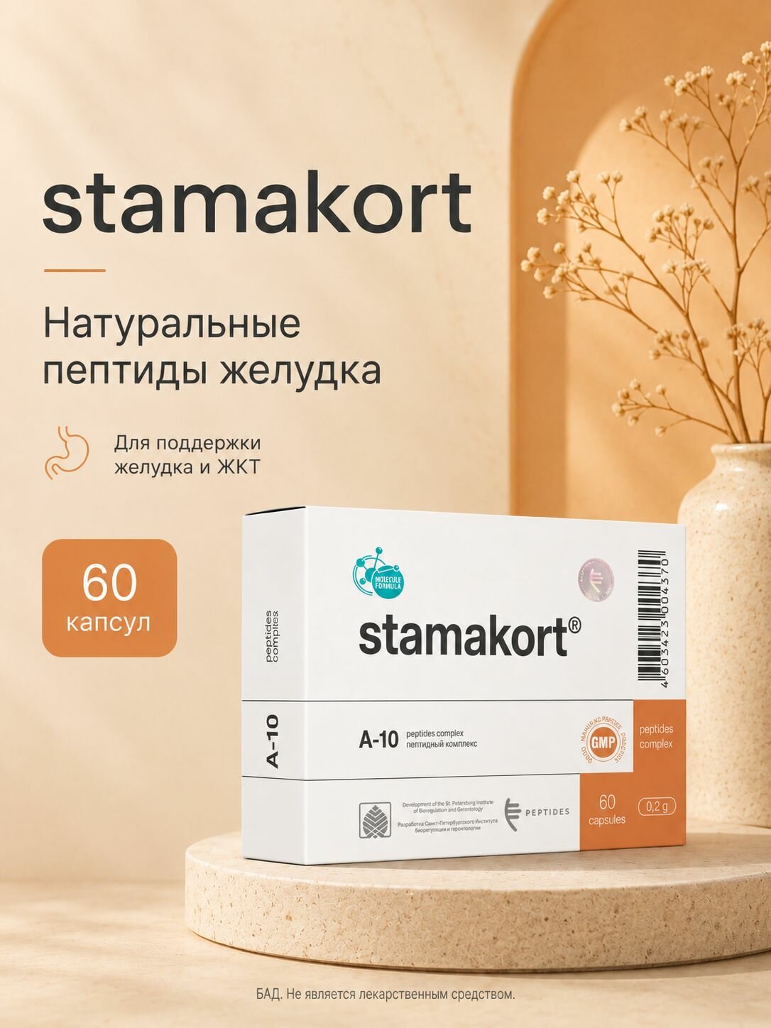 Стамакорт (пептиды Хавинсона). Для желудка, 60 капсул по 0,215