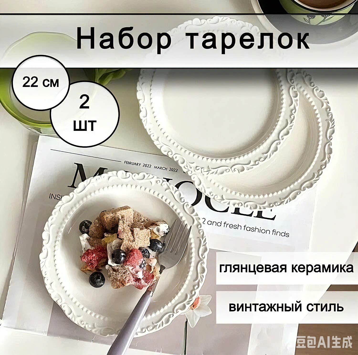 Тарелки "DecoVibe" Y510, керамика/фарфор, белые с узором, 22 см(Focused on high quality、INS/популярный)