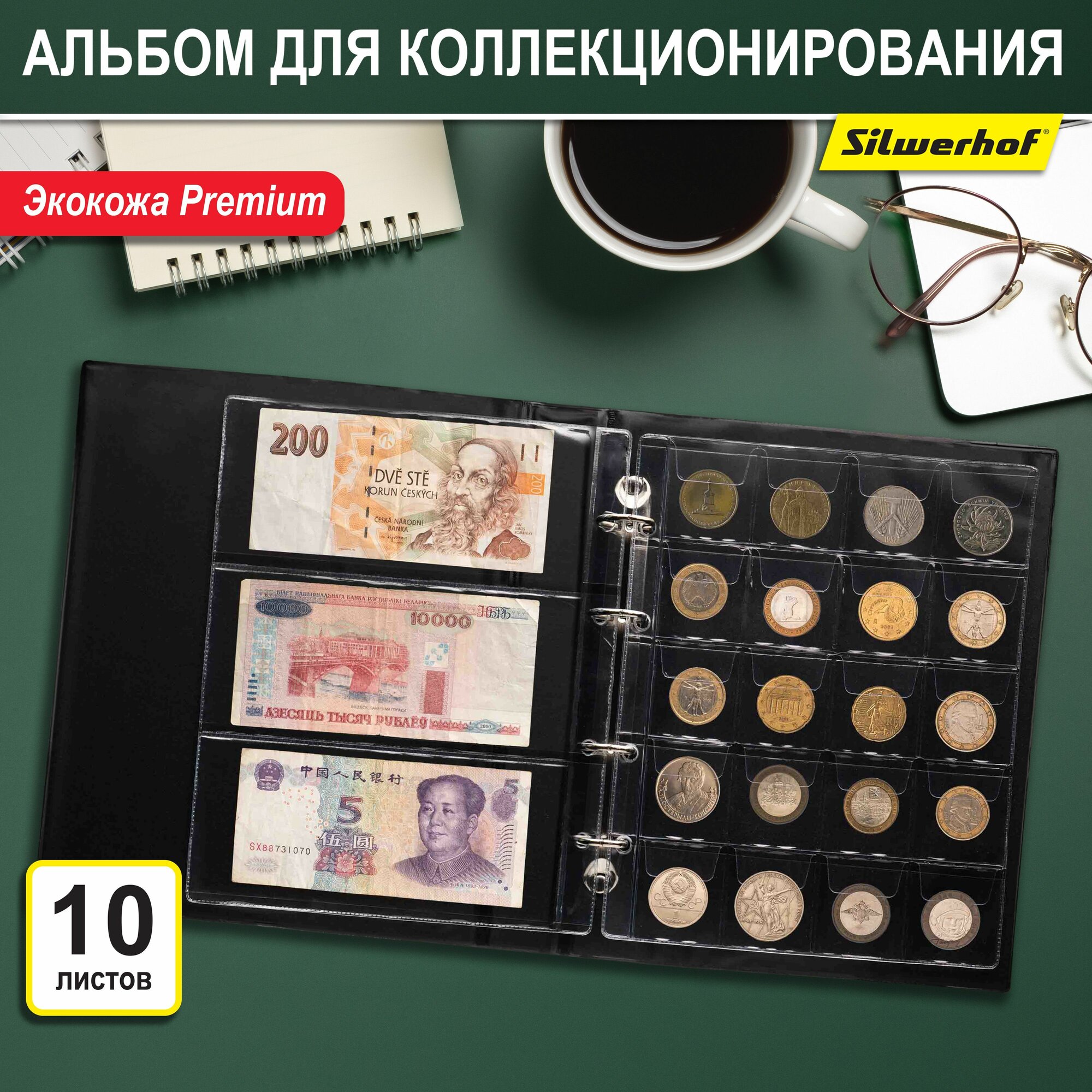 Альбом для коллекционирования монет и банкнот на кольцах, 10 листов, ПВХ, коричневый