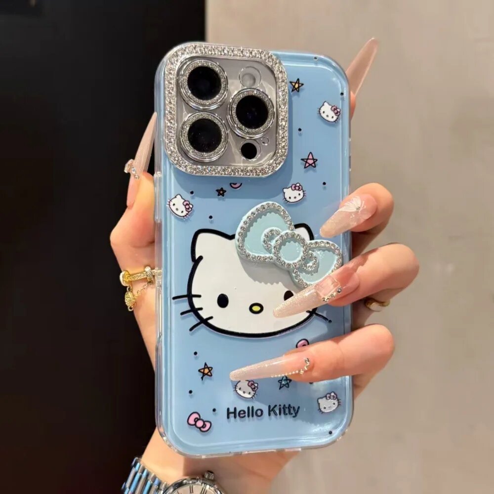 MINISO Милый мультяшный чехол для телефона Sanrio/Hello Kitty с блестящим 3D-бантиком, совместимый с iPhone 17, 16, 15, 14, 13, 12, 11 Pro Max, задняя крышка конфетного цвета, Материал: Для iPhone 15 Pro