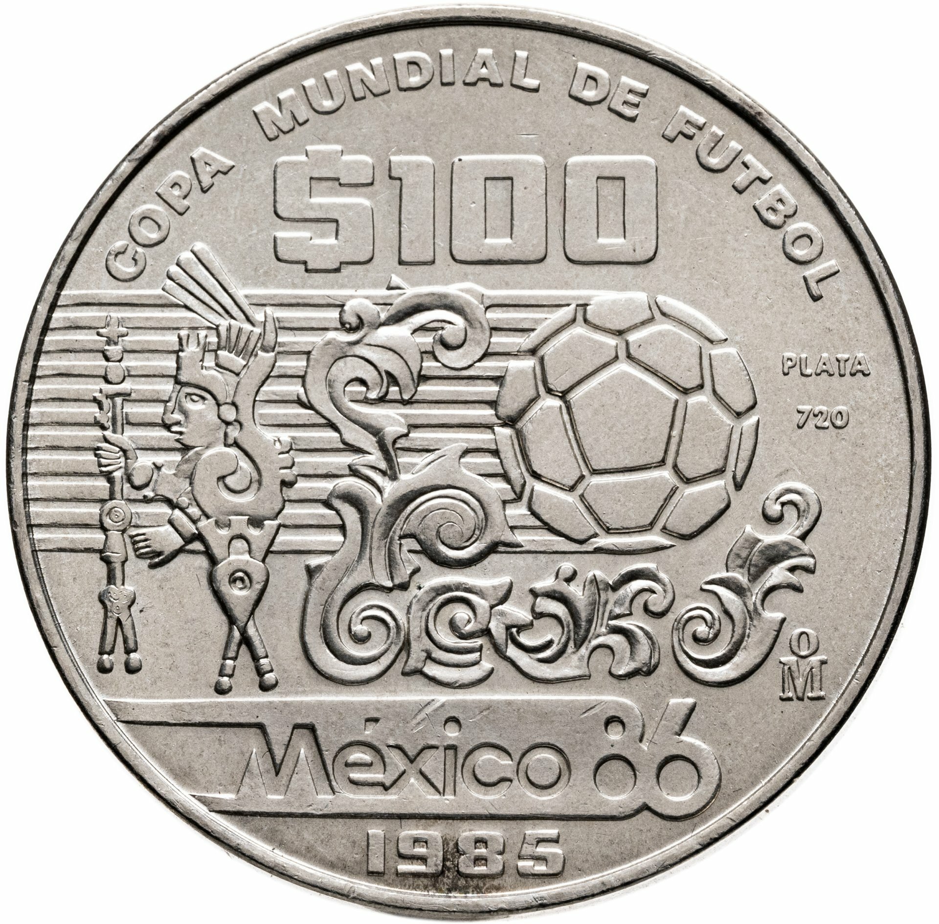 Мексика 100 песо pesos 1985 "Чемпионат мира по футболу 1986 - Узоры и мяч", Серебро 720, в сохранности UNC
