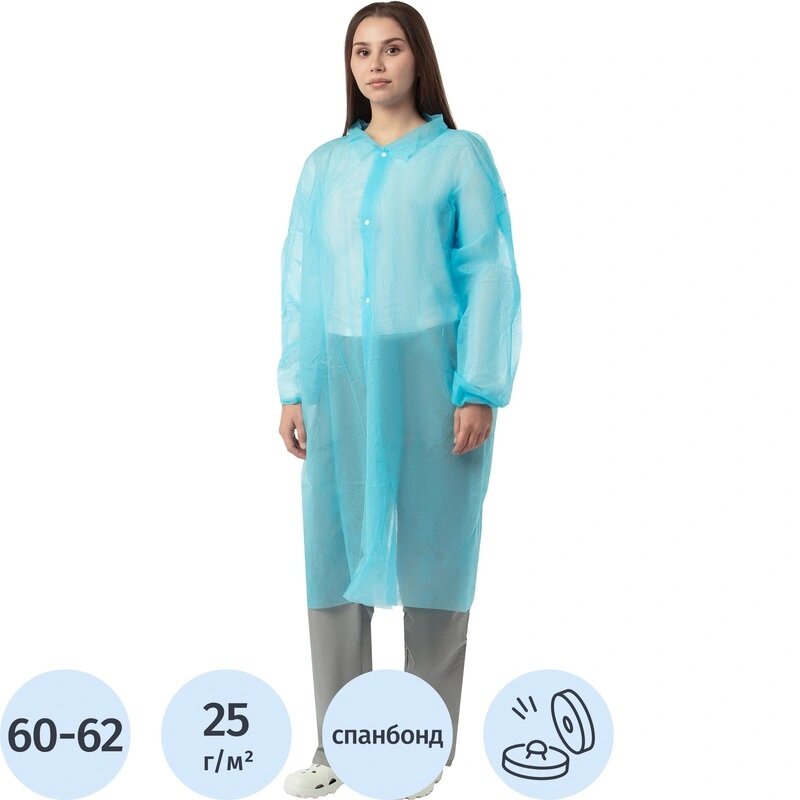 Халат н/с процед, на 4-х кнопк, XXXL, пл 25, голубой, комус, 10шт/уп