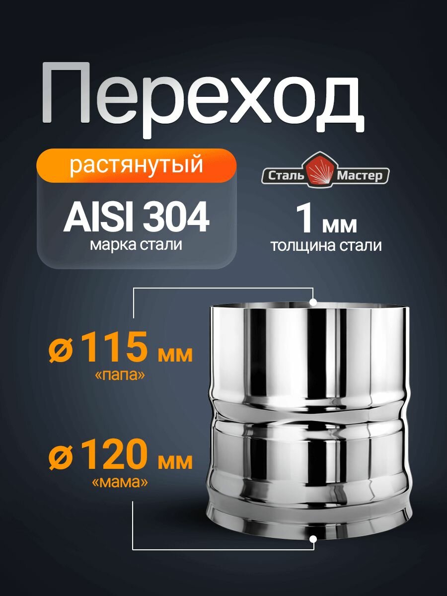 Переход дымохода с 120 (+) на 115 (-), адаптер из нержавейки 1 мм AISI 304