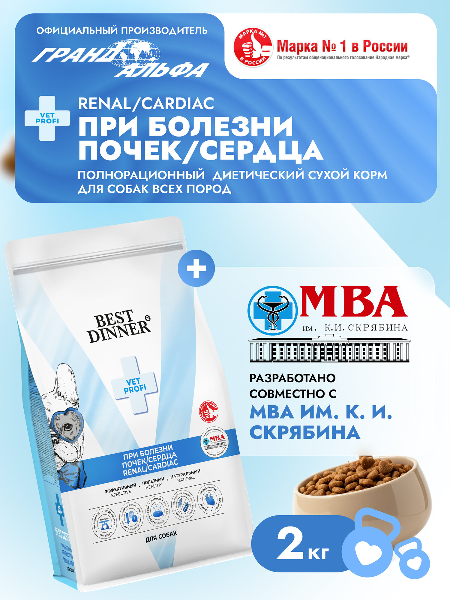 Корм сухой диетический супер премиум класса Vet Profi Renal/Cardiac для собак любых пород при болезни почек и заболеваниях сердца, 2 кг Best Dinner (Бест Диннер)