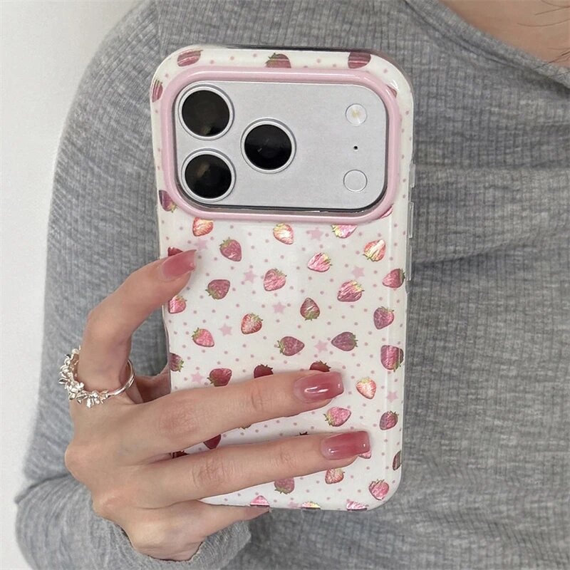 Корейский чехол для телефона с ярким клубничным рисунком для iPhone iPhone17 Про Макс, Белый, White