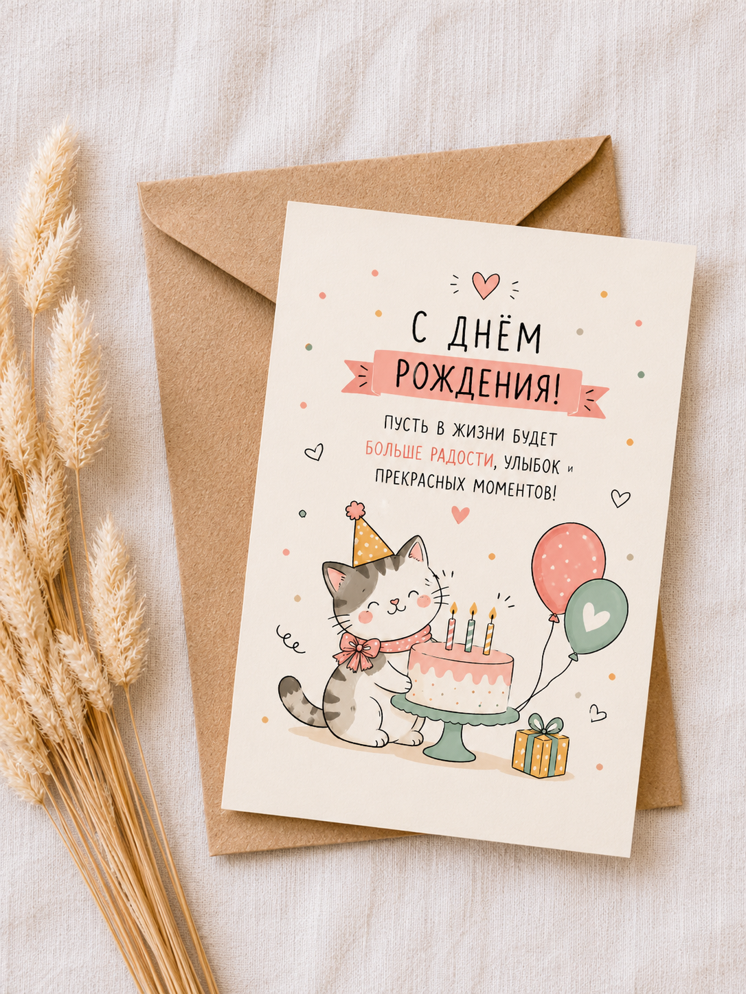 Открытка «С Днём Рождения» с котиком и тортом, поздравительная открытка 10×15 см с крафт-конвертом
