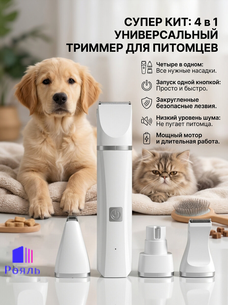 Машинка для стрижки собак и кошек 4 в 1 с точилкой для когтей тихая до 45 дБ керамический нож для мелких пород
