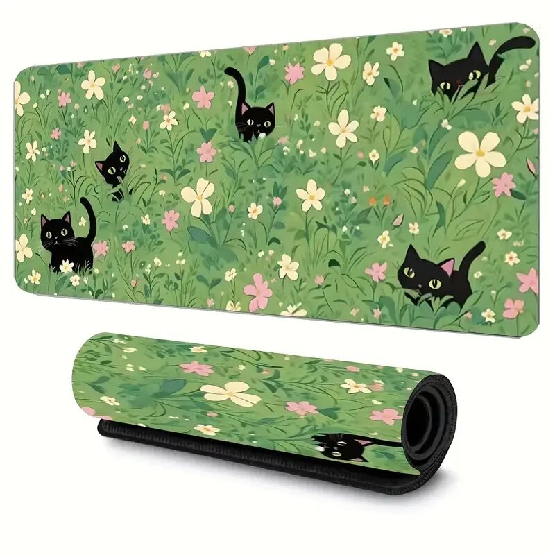 Игровой коврик Mairuige XXL с черной кошкой и зеленым растением 600x300x2mm, z9