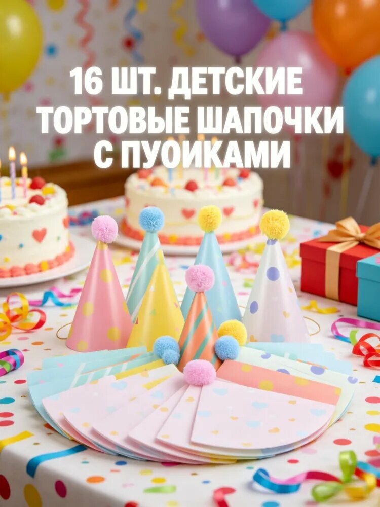 Набор разноцветных бумажных юбилейных колпаков с помпонами для праздничных вечеринок, 16 штук