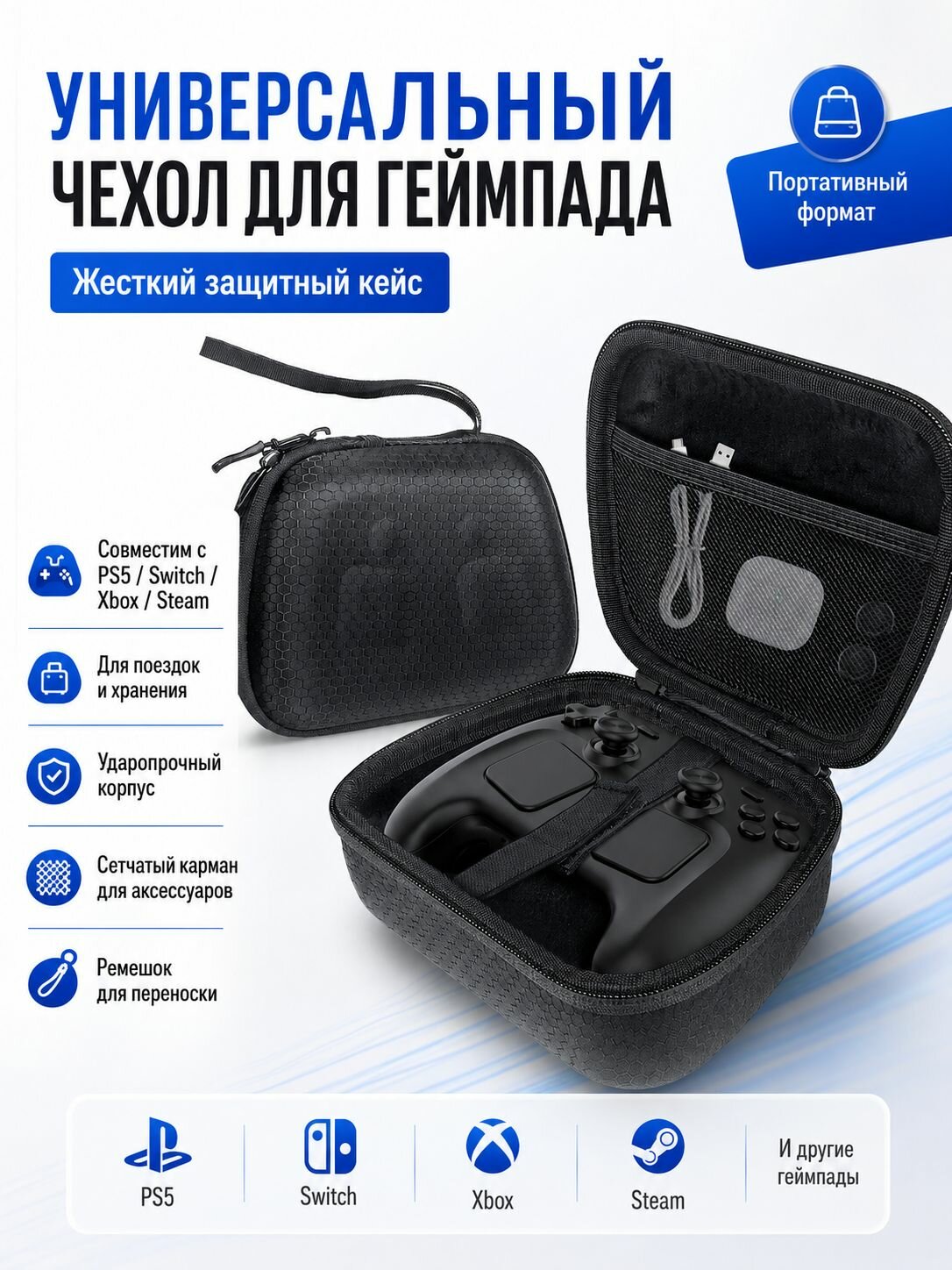 Универсальный чехол для геймпадов, совместим с Steam Controller 2026/PS5/Nintendo Switch/Xbox Series, портативный жесткий кейс для путешествий с защитой