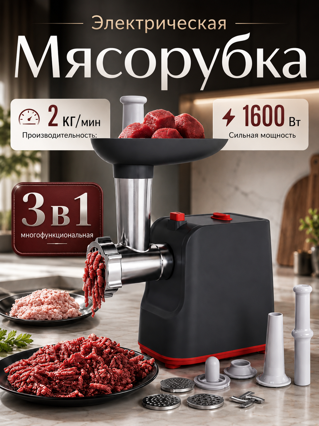 Мясорубка электрическая , вуджой, BQ- KGS4, 1600 Вт, 2 кг/мин, реверс, насадка для колбас и кеббе, 3 в 1