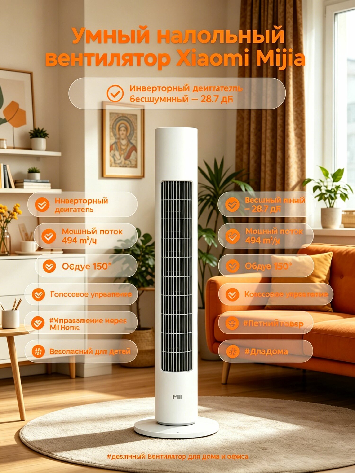 Mijia вентилятор Напольный вентилятор Xiaomi Mijia Tower Fan 2, DC Инвертор, 150°, 494 м³/ч, Голосовой помощник, Бесшумный 28.7 дБ, белый