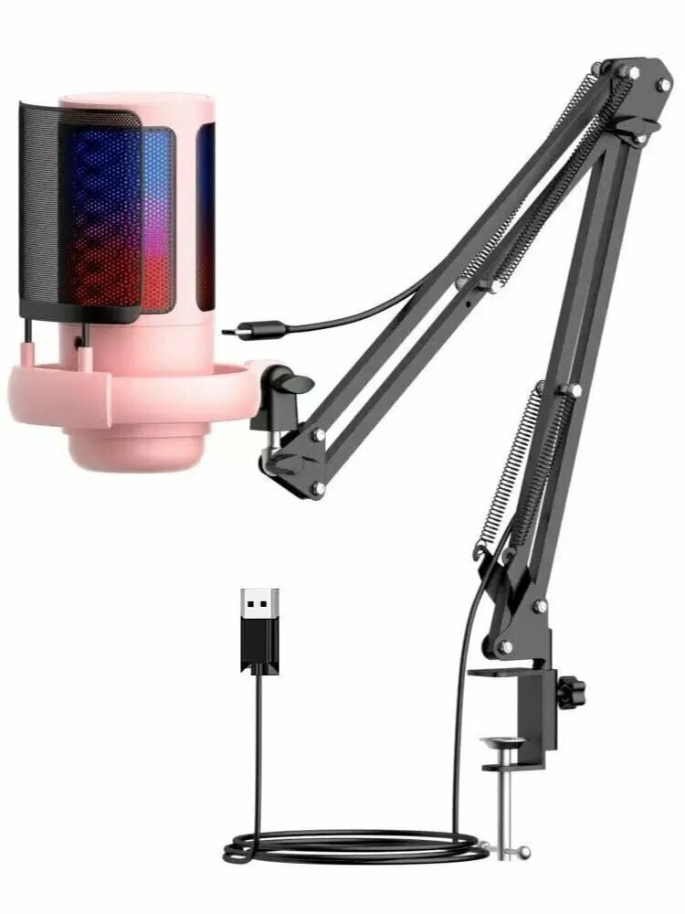 Микрофон игровой (для стриминга) Микрофон для компьютера с кронштейном, USB-подключение, белый игровой конденсаторный микрофон с подсветкой и поп-фильтром для ПК, потоковой передачи и подкастинга, розовый
