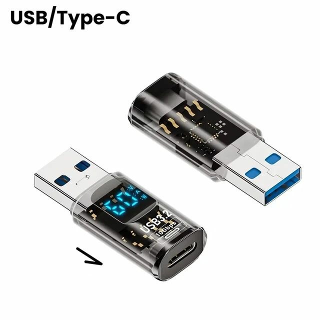 USB тестер usb 3.2 на type-c (работает в одном направлении, стрелкой указано на картинке) поддержка режимов 5v, 9v, 12v, 15v, 20v быстрой зарядки, черный прозрачный корпус