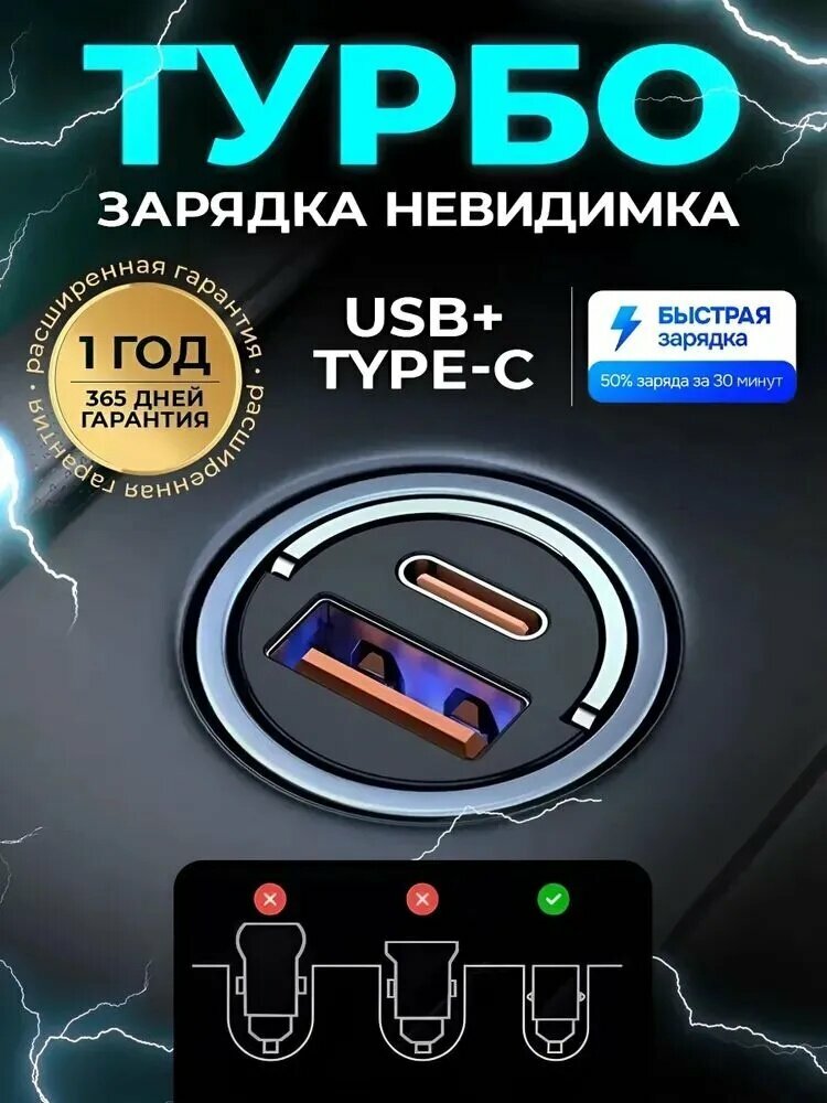 Автомобильное быстрое зарядное устройство турбо USB+Type‑C, безопасное