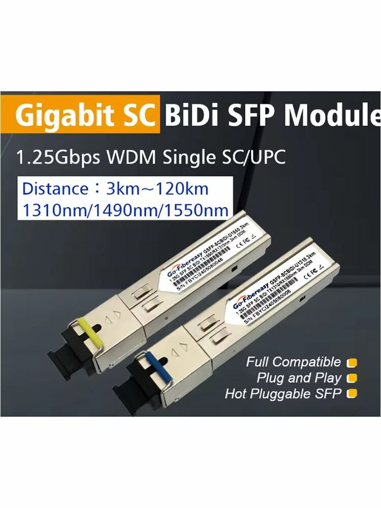 Приемопередающий модуль SFP LC BiDi 1.25G WDM 1310/1550 нм 60 км с DDM, совместимый с коммутаторами MikroTik/TP-Link/Ubiquiti