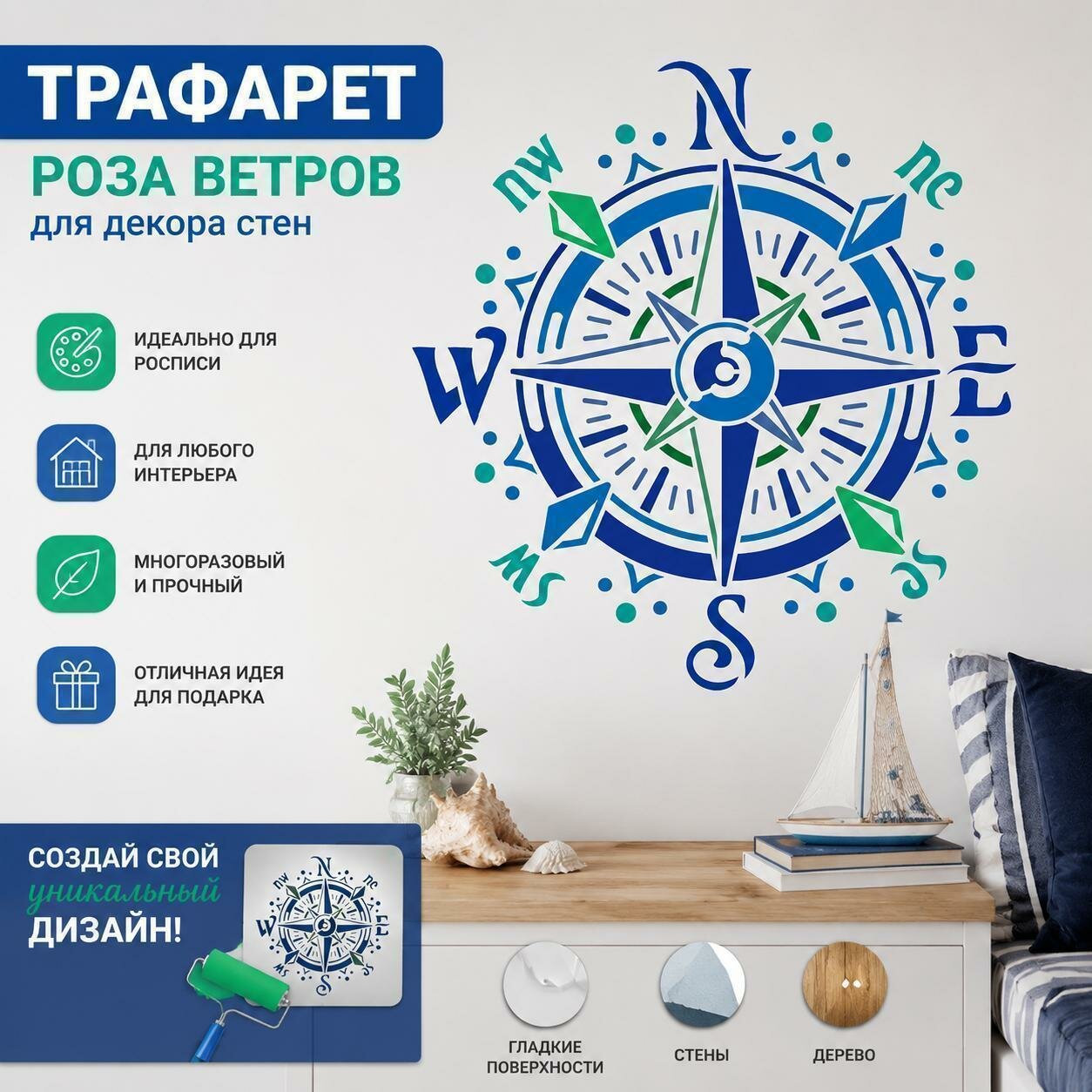Трафарет «Роза ветров» 1 шт – виниловый декор-компас для стен в морском стиле, шаблон для DIY росписи и украшения интерьера