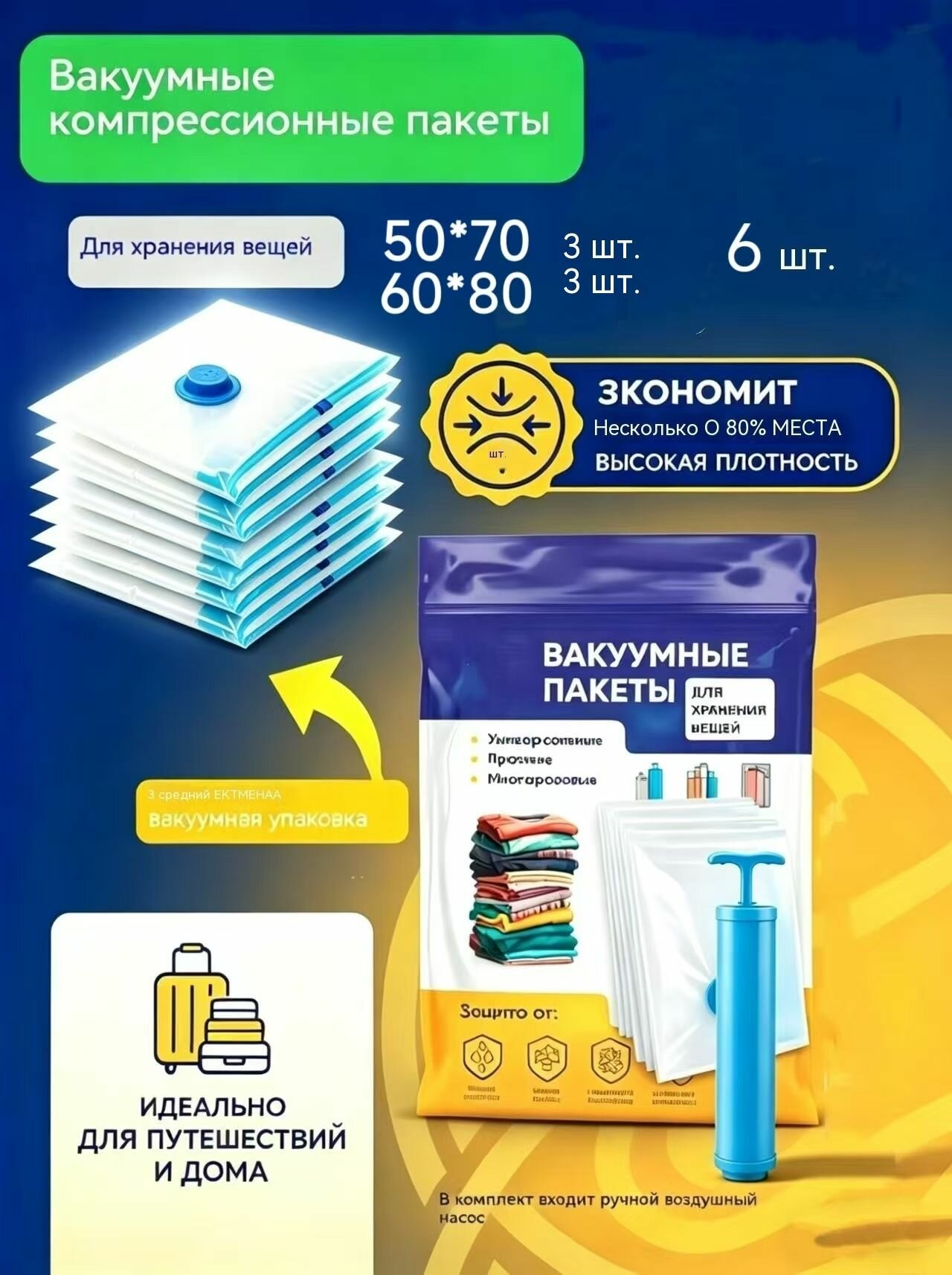 Вакуумные пакеты для одежды 6шт
