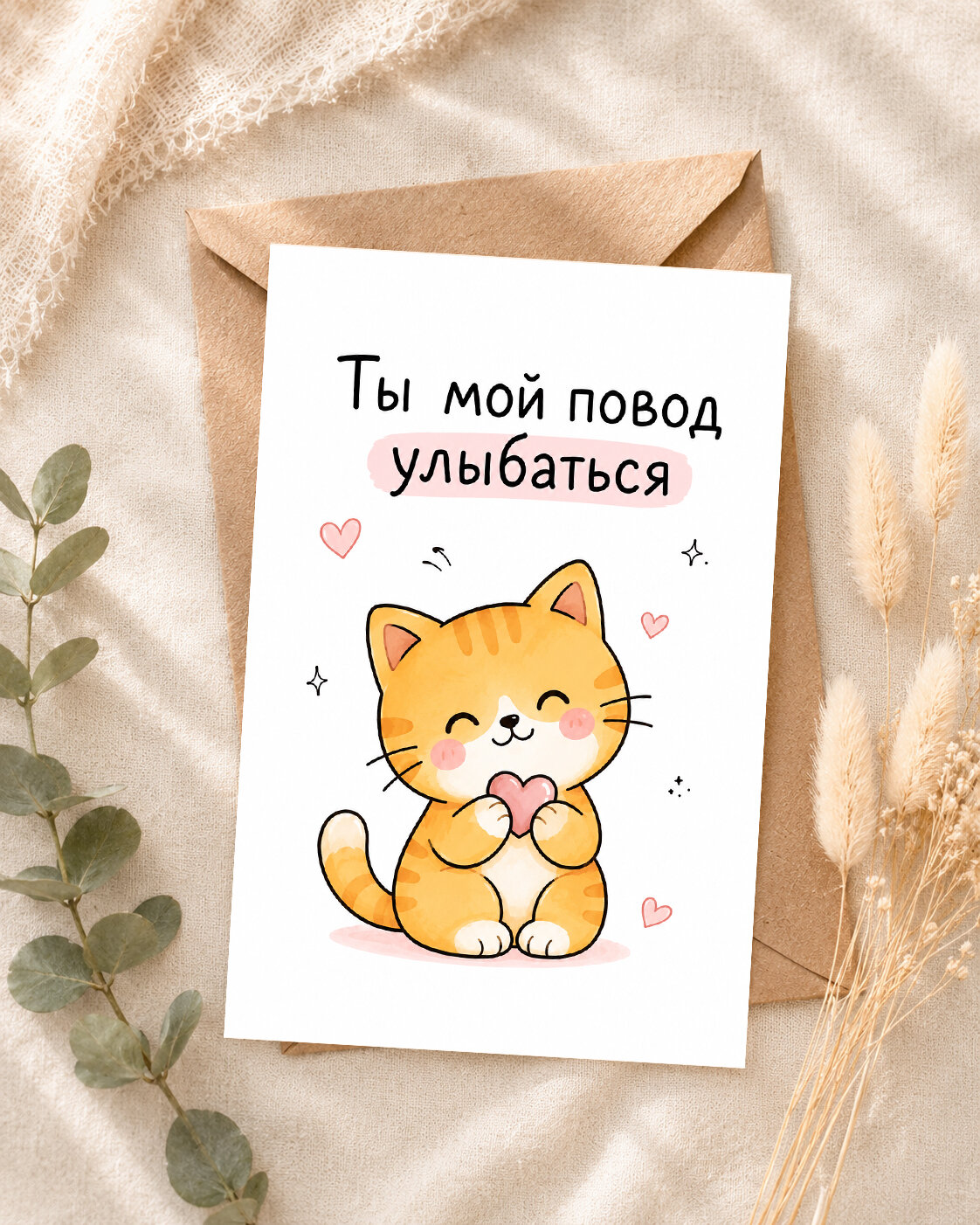 Открытка "Ты мой повод улыбаться", милая открытка с котиком и сердцем, конверт, 10х15