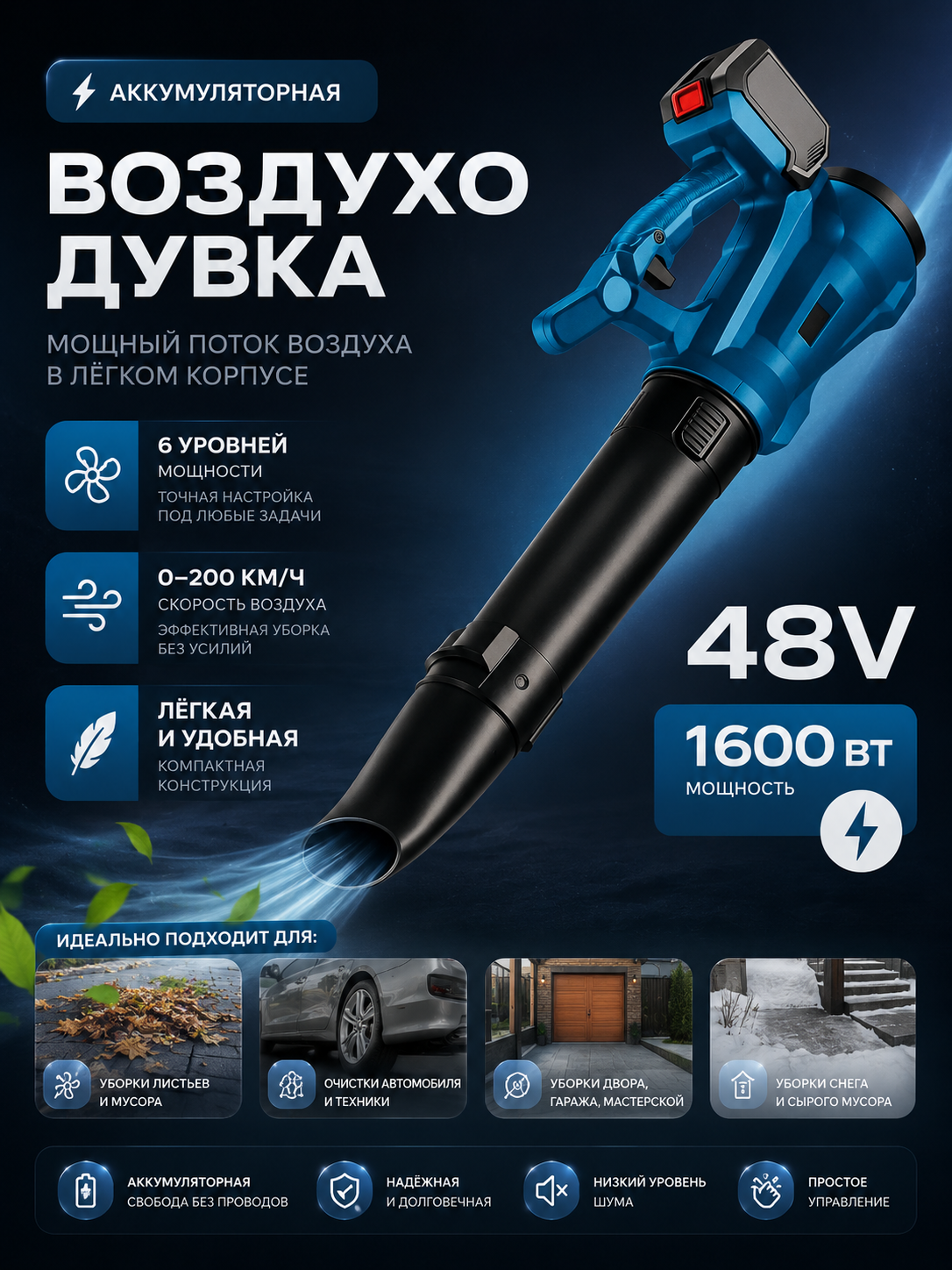 Садовая аккумуляторная воздуходувка, 2 аккумулятора, 6 уровней мощности, синяя
