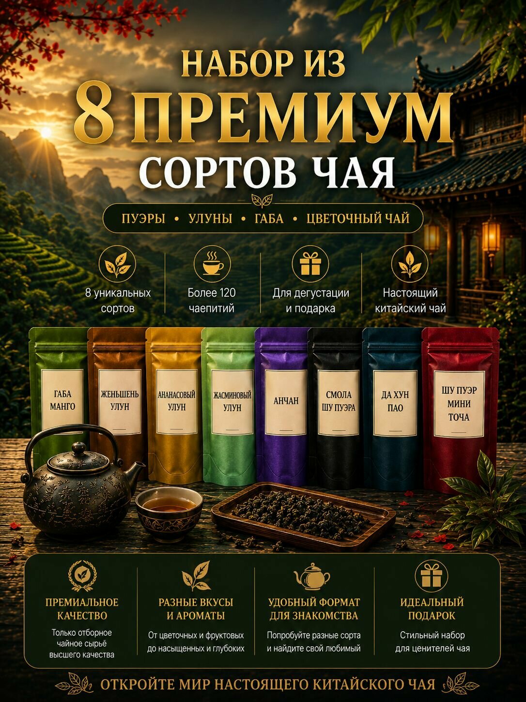 Набор китайского чая 8 премиум сортов подарочный набор улун, пуэр, габа и синий чай