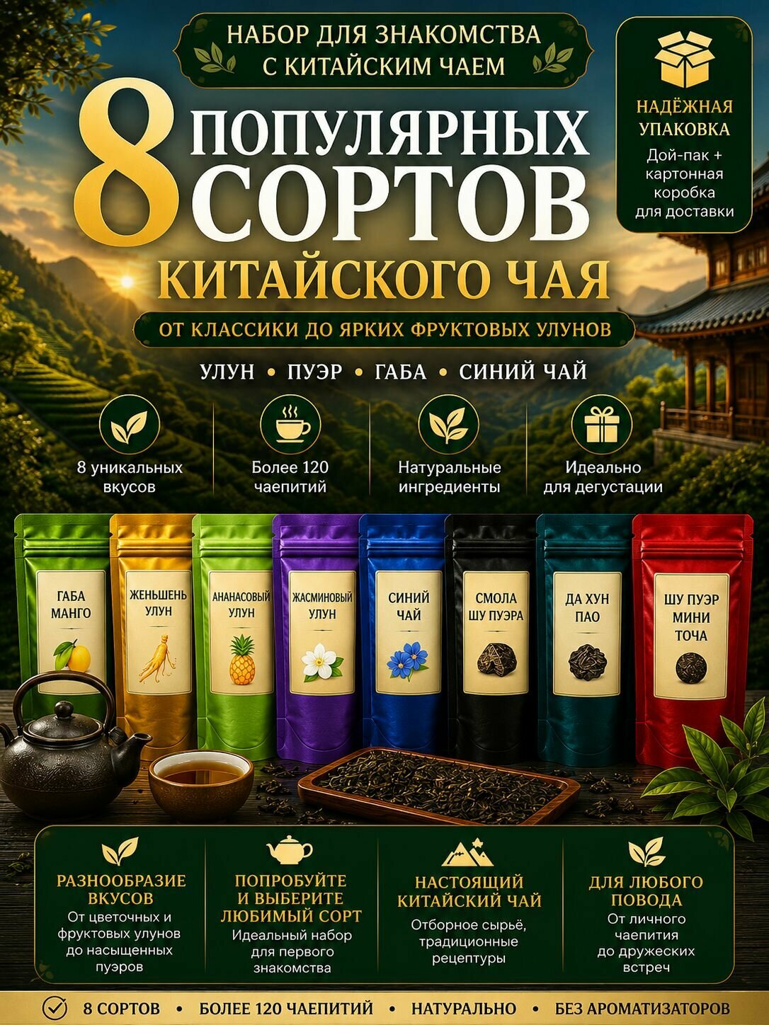 Набор китайского чая 8 популярных сортов улун, пуэр, габа, синий чай