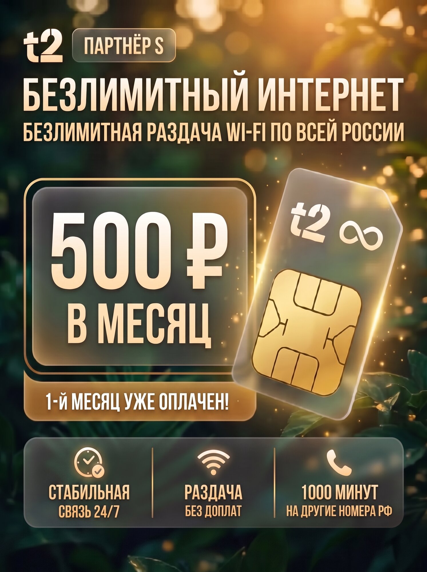 Сим-карта Т2 Партнер S 500₽/мес | Безлимит 3G/4G/LTE | Раздача для роутера, модема, камеры | 1000 мин, 100 SMS