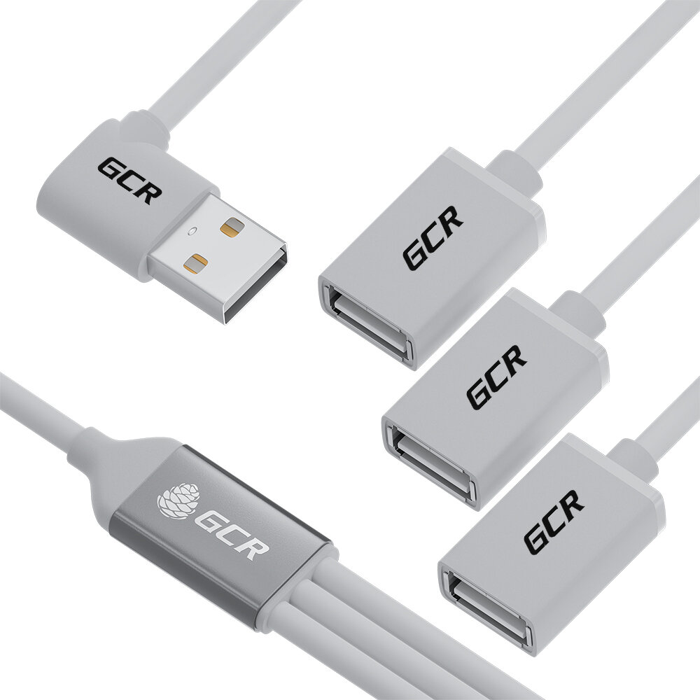 Кабель разветвитель USB хаб на 3 порта GCR 35см для зарядки передачи данных концентратор угловой двусторонний белый USB HUB