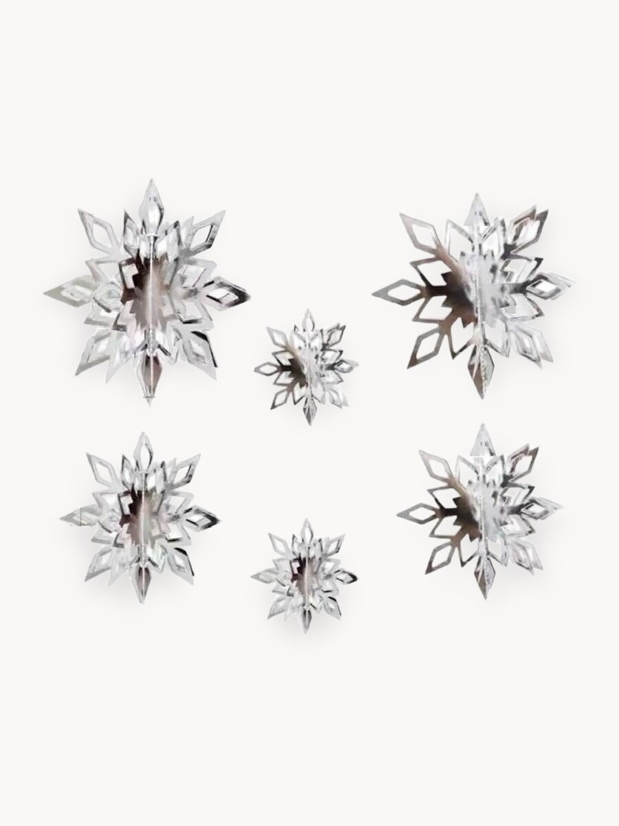 3D Бумажные гирлянды подвески 6 Снежинок больших цвет серебряный