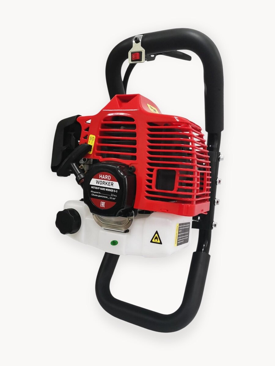 Мотобур без шнека, диаметр вала 20 мм, ямобур для работы с грунтом и льдом, 52 см3, красный