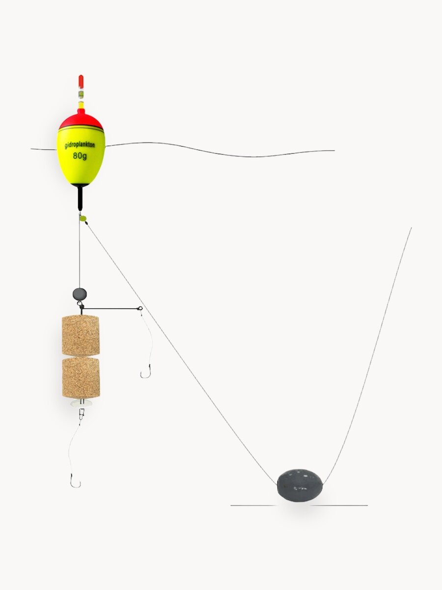 Монтаж на толстолобика Гидропланктон №5: Г-образная оснастка для 2-х таблеток, EVA-поплавок 80г, крючки №15, грузило 40г