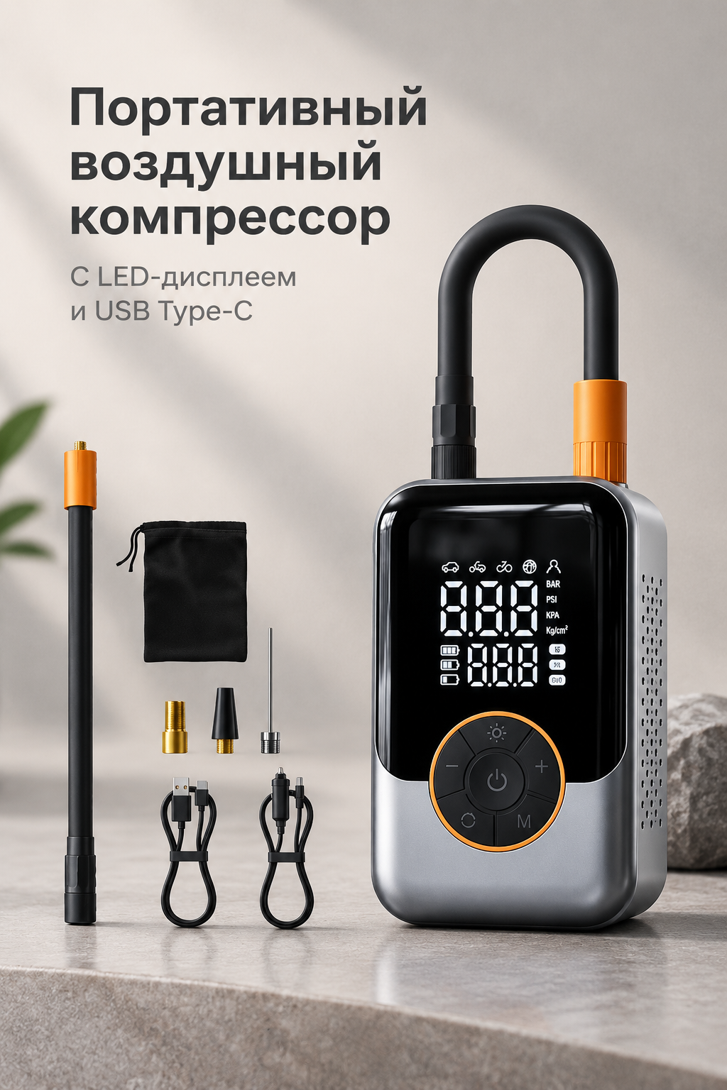 Портативный воздушный компрессор с LED-дисплеем и USB Type-C