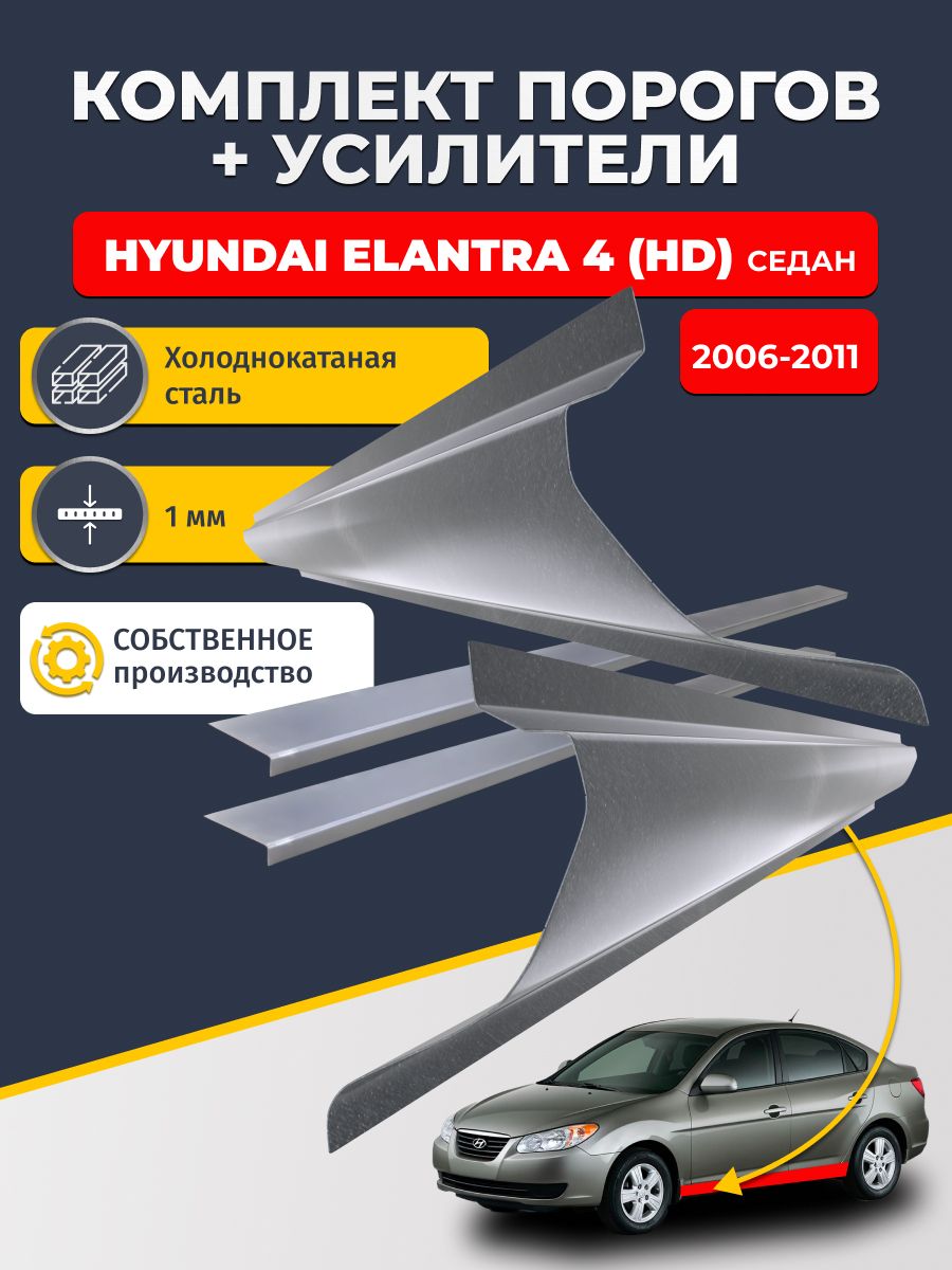 Ремонтные пороги комплект (2 шт.) и усилители (2 шт.) для Hyundai Elantra 4 HD 2006-2011 седан, холоднокатаная сталь 1 мм. (Хендай Элантра 4), пороги и усилители. Кузовной ремонт.