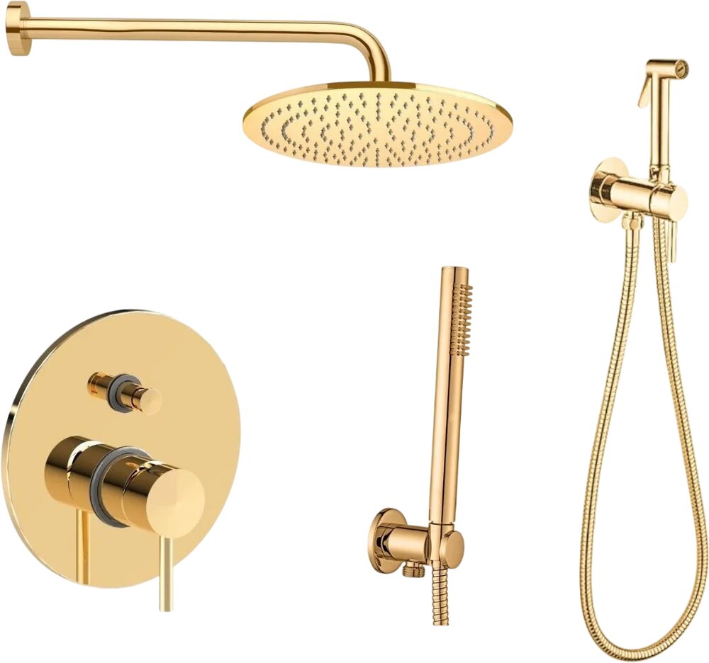 Комплект для ванной Paffoni Light KITZLIG015HG 5 в 1, встраиваемый, с внутренней частью в комплекте, со смесителем, с тропическим душем, латунный, золотой, глянцевый, душевая система