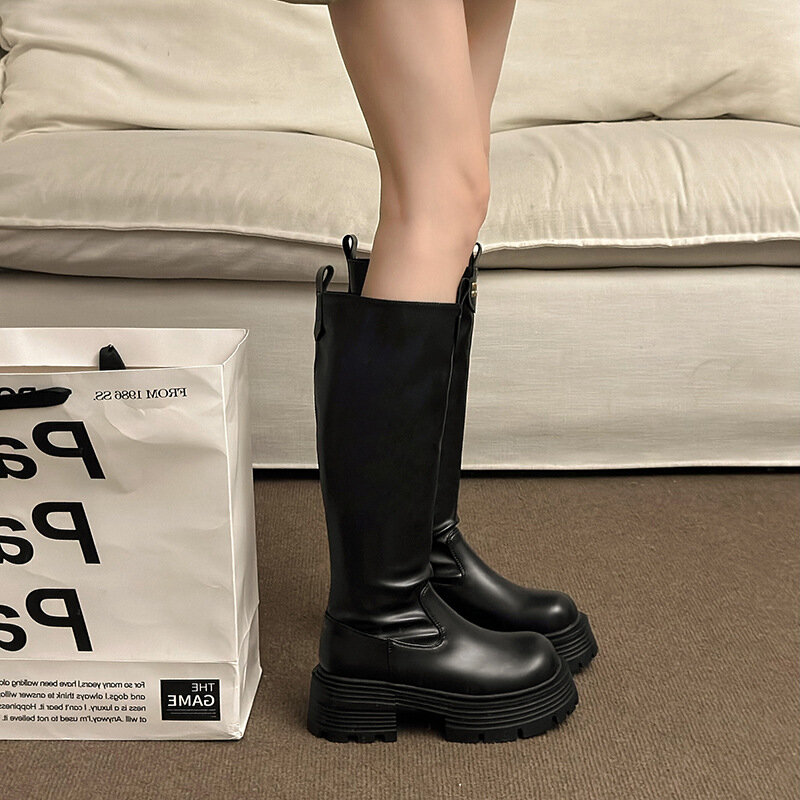 2025 осень-зима новые белые длинные сапоги на толстой подошве с толстым каблуком тонкие рыцарские сапоги маленького размера, высокие сапоги не выше колена