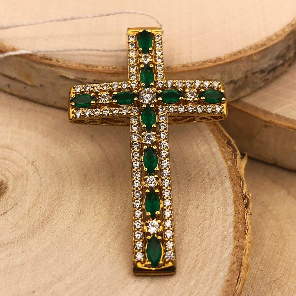 Крестик, серебро, 925 проба, золочение, чернение, фианит