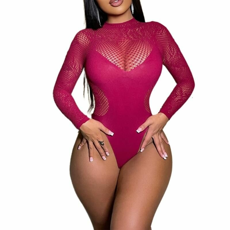 Женский сетчатый боди с длинными рукавами, Бургундский