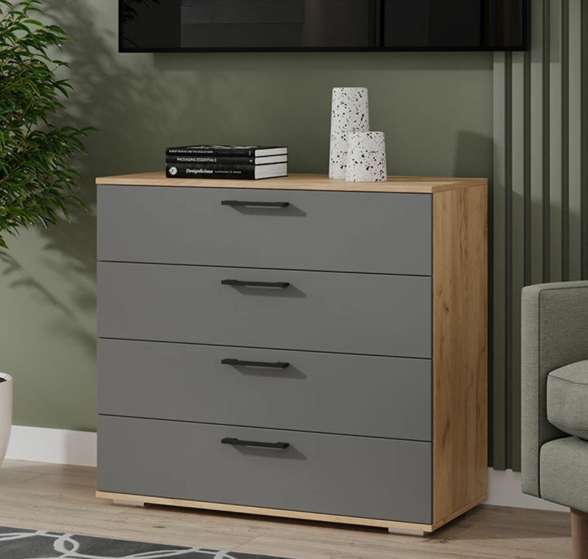 Комод ТриЯ Нео, Дуб Крафт золотой, Серый графит 4 ящика, 92 см x 41см x 84см