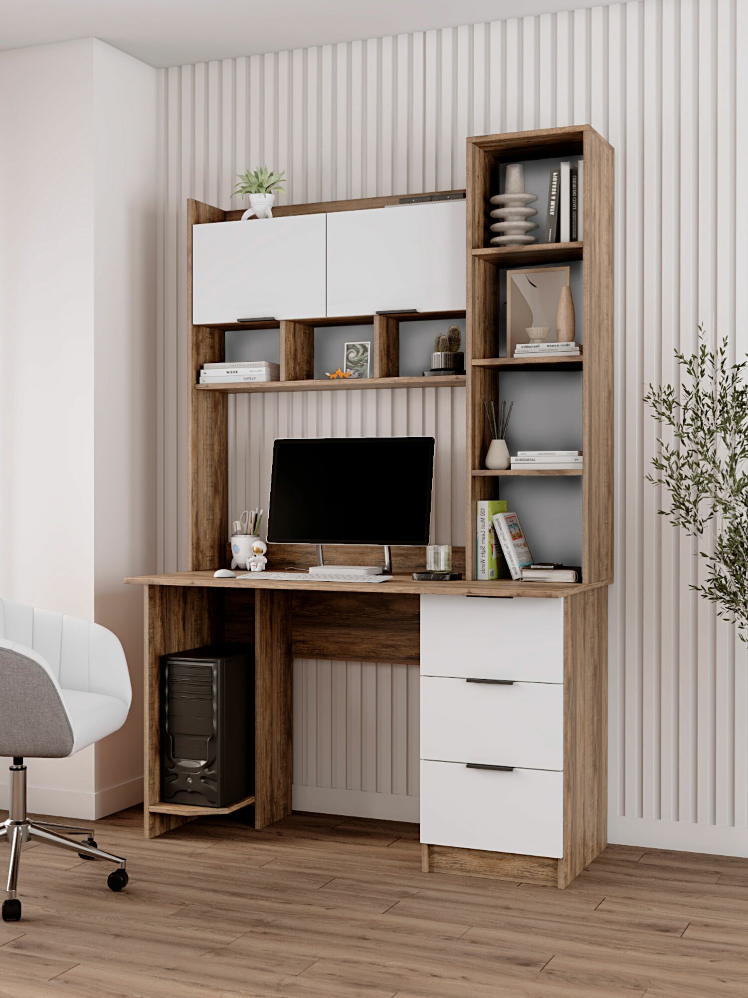 Стол компьютерный письменный с полками и ящиками правый Дуб самдал/Белый 1250Х1968Х600 мм
