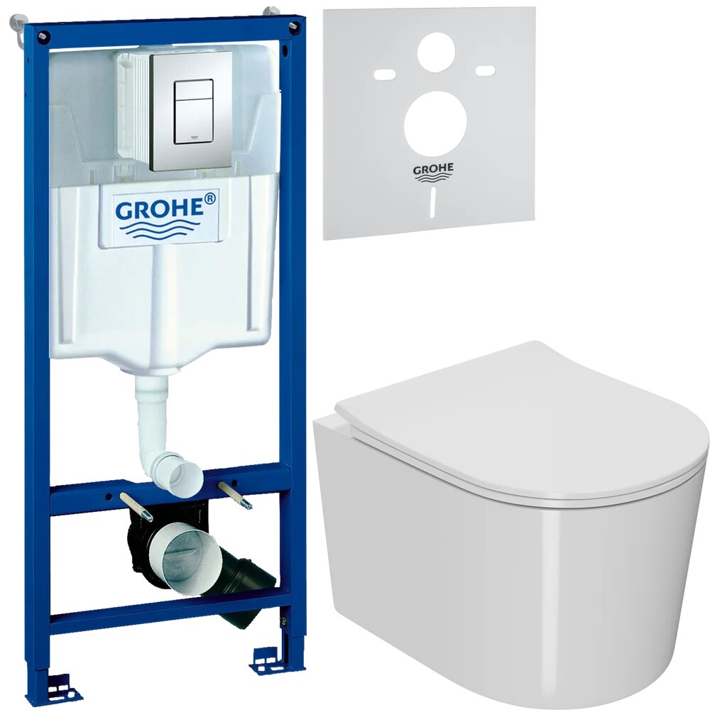 Комплект 3 в 1 Унитаз подвесной Bauedge Bau Hotel PRO / Инсталляция с кнопкой Grohe Rapid SL 38772001 цвет хром / Звукоизоляция 37131000