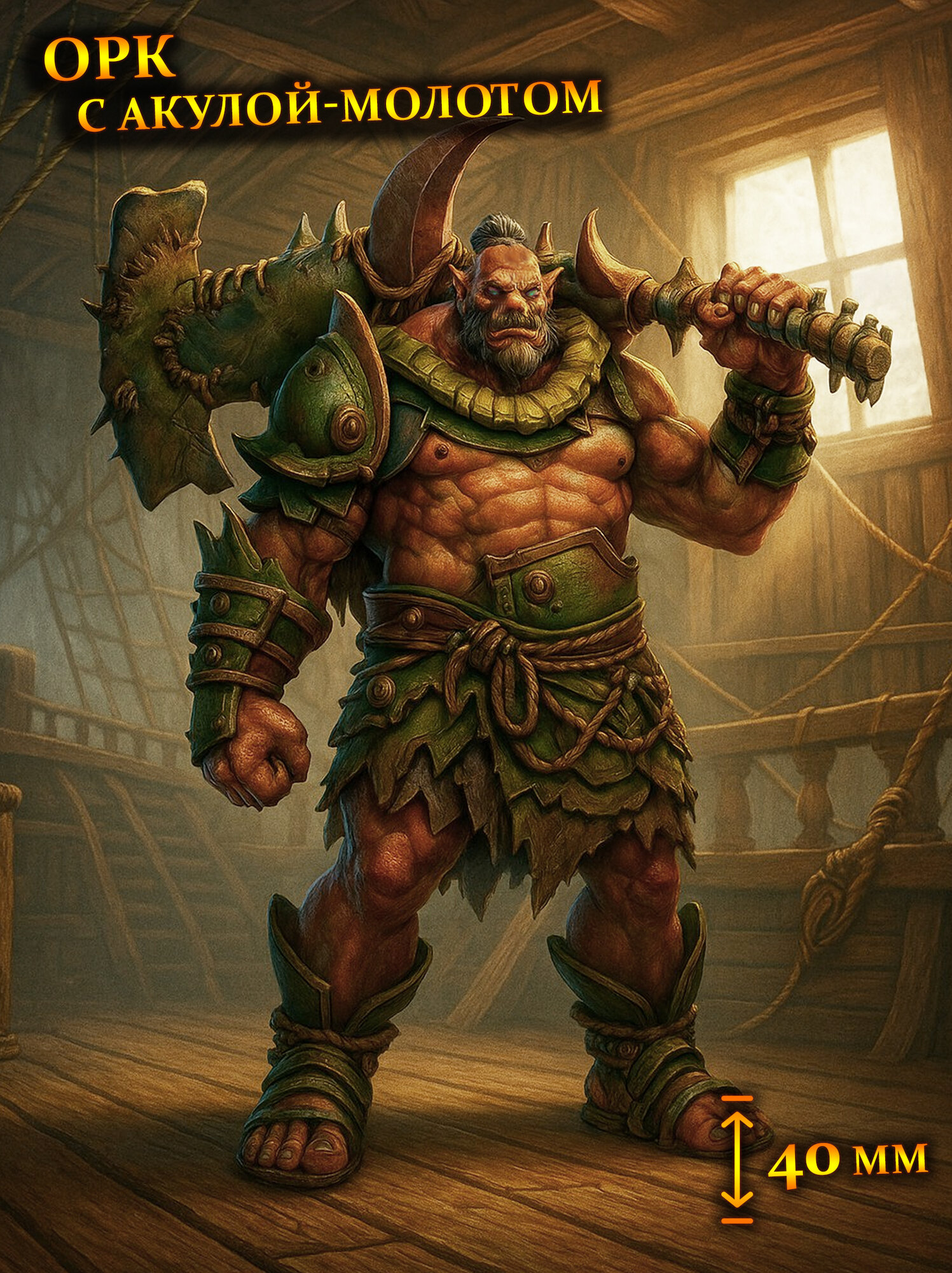 Орк с молотом-акулой, Полуорк (класс: Воин, Варвар, Берсерк) миниатюра для DnD (ДнД) и других Настольных игр (НРИ, Варгеймов или РПГ), фентези тематика